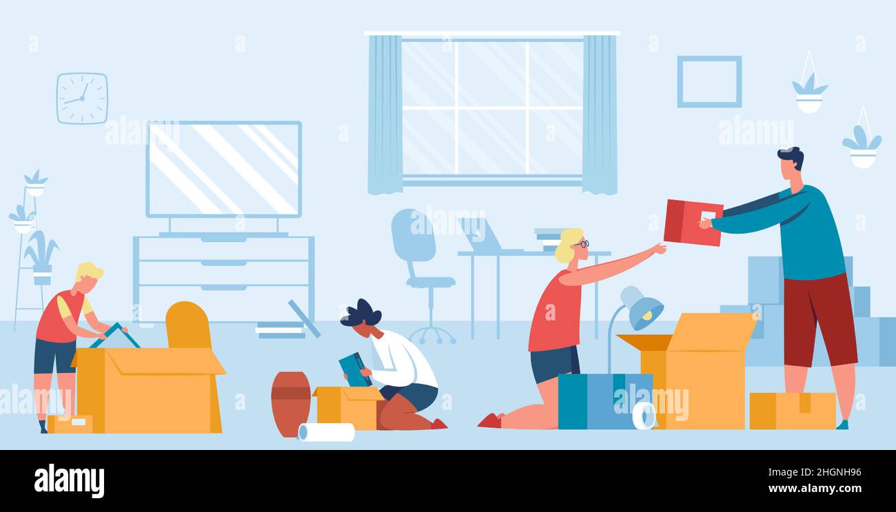 Family moving into new house, collect things in box. Vector move with ...