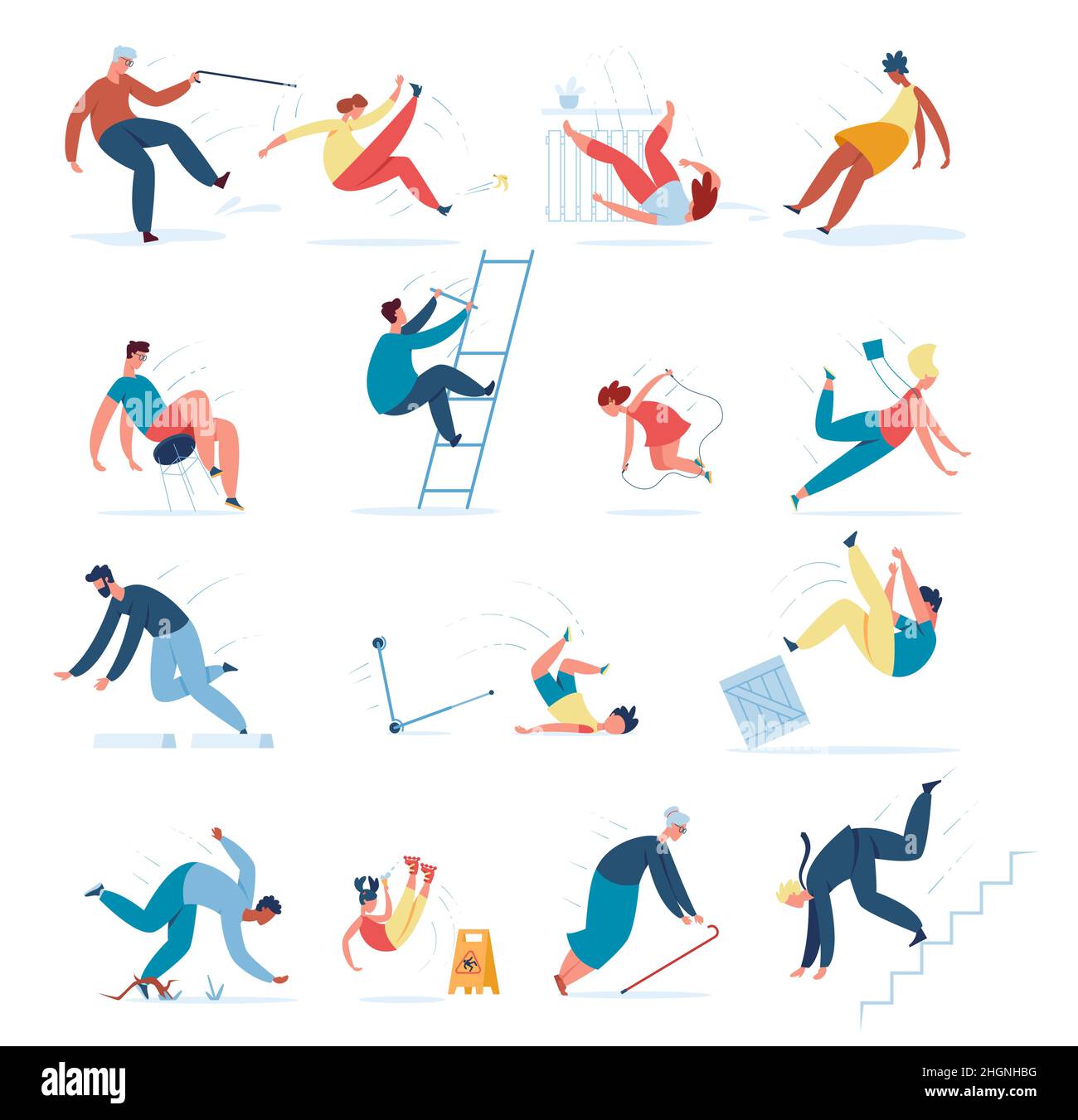 Falling down people from chair or stairs. Vector man down, people ...