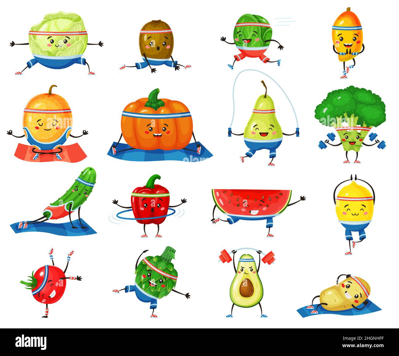 Fruits and vegetables exercising, avocado broccoli anf watermelon ...