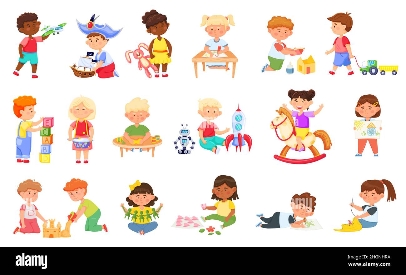 Kids playing and crafting, handmade in kindergarten. Vector child and ...