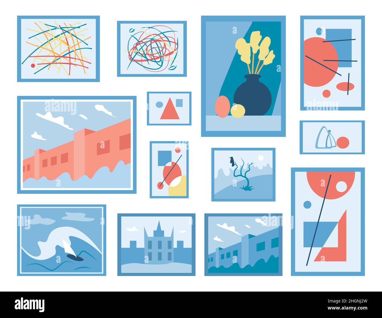 Paintings set, art gallery and artist exhibition. Vector gallery ...