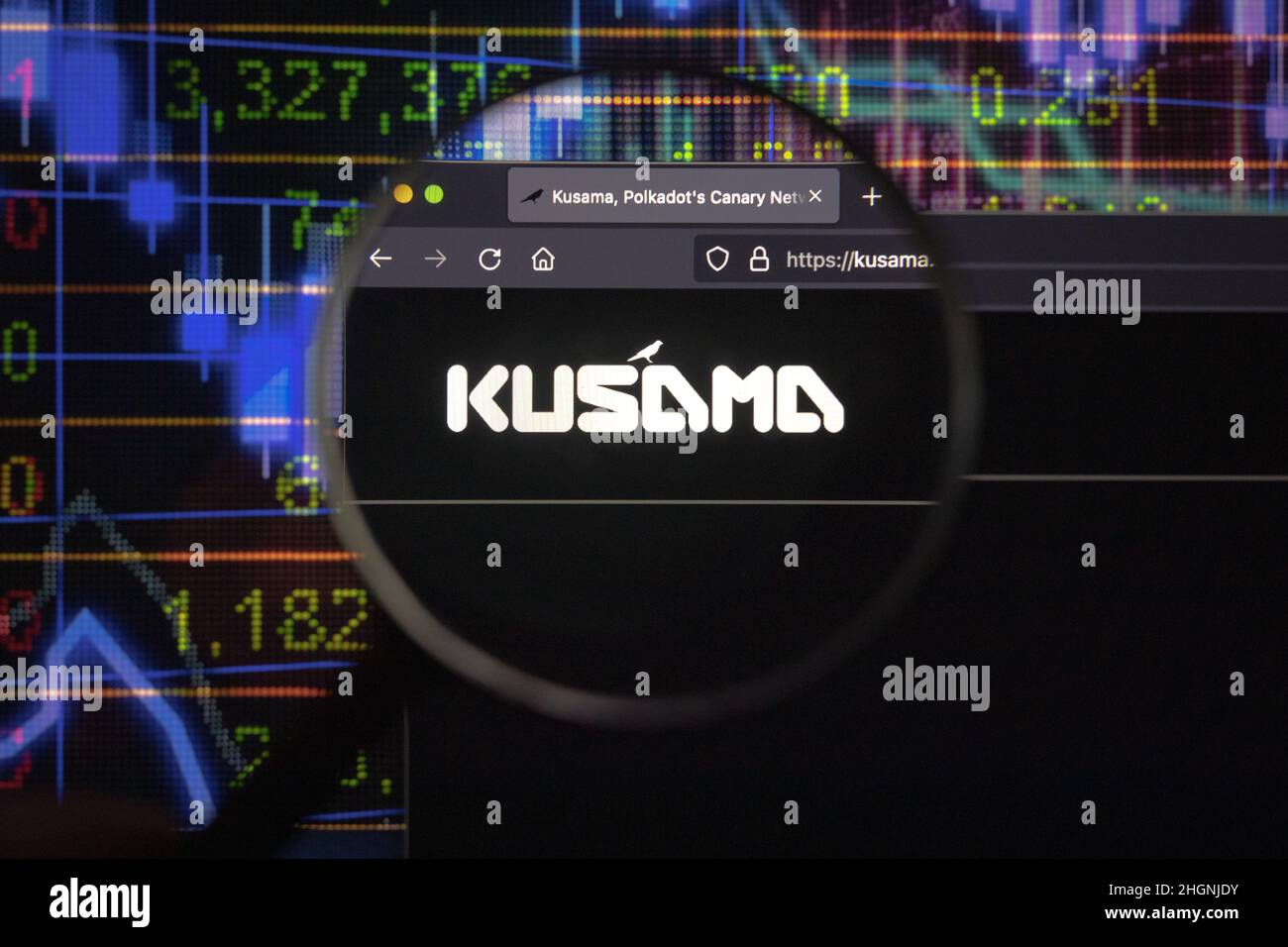Kusama crypto company logo on a website, seen on a computer screen ...