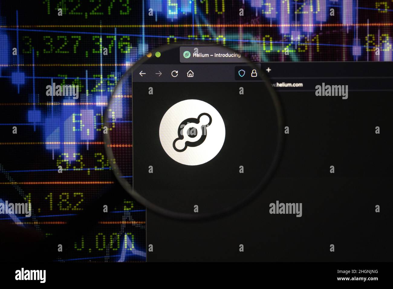 Helium (hnt) crypto company logo on a website, seen on a computer ...