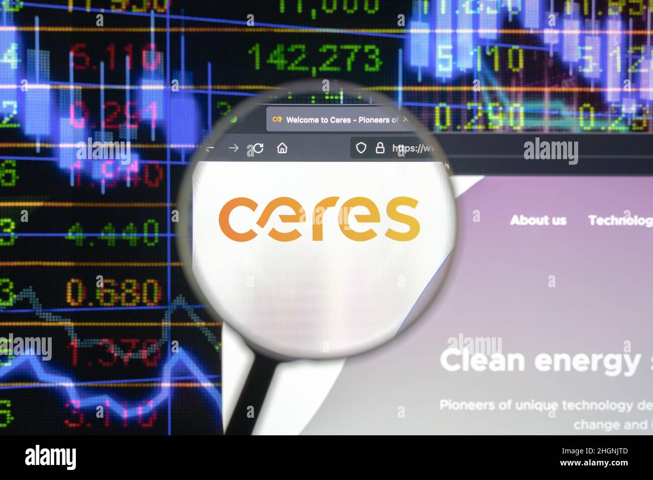 Ceres company logo on a website with blurry stock market developments ...