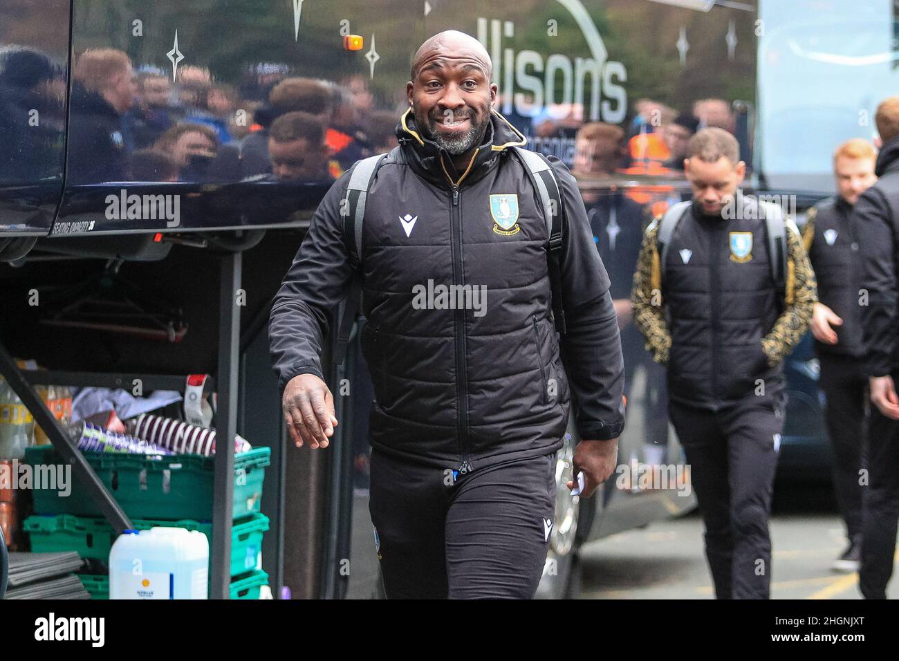 Darren Moore manager of Sheffield Wednesday gets off the team bus on ...