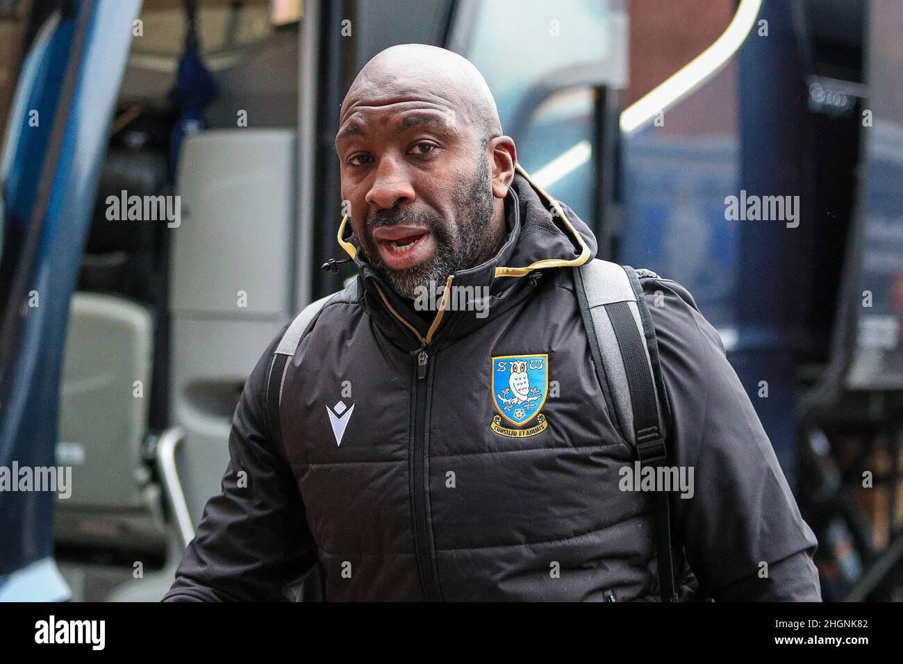 Darren Moore manager of Sheffield Wednesday gets off the team bus on ...