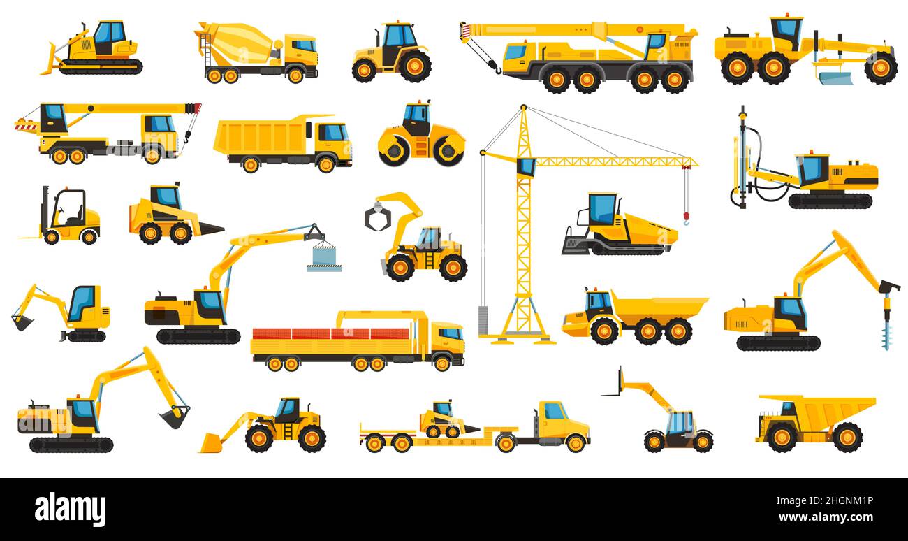 Set of construction machines crane bulldozer and excavator. Vector of ...
