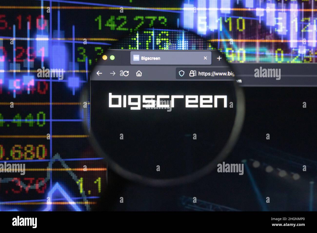Bigscreen company logo on a website with blurry stock market ...