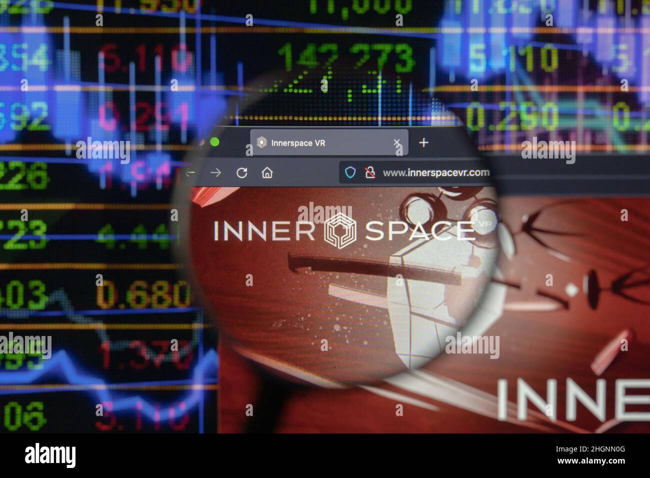 Inner Space company logo on a website with blurry stock market developments in the background ...