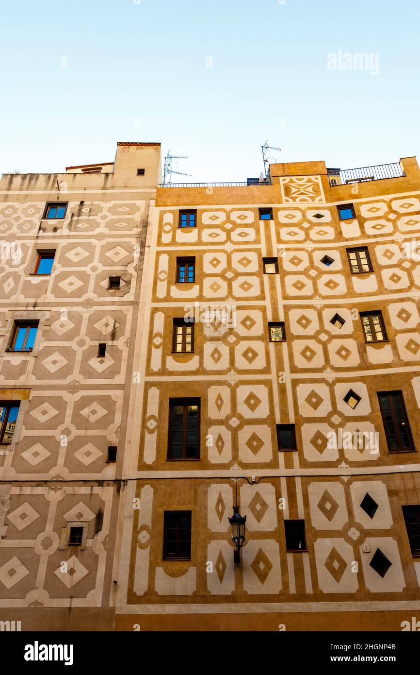 Ornate facade of old Medieval houses in El Borne, Barcelona, Catalonia ...