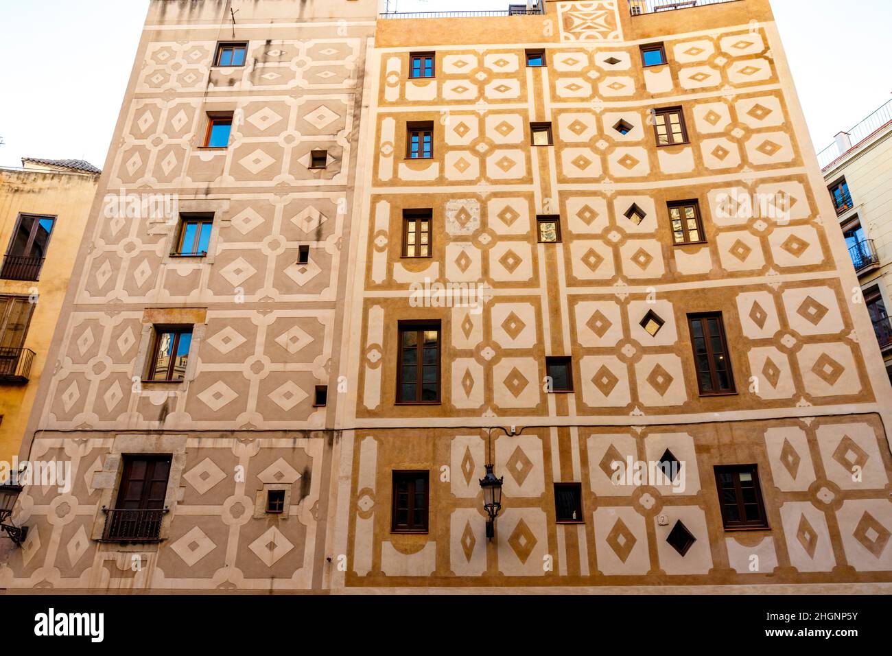 Ornate facade of old Medieval houses in El Borne, Barcelona, Catalonia ...