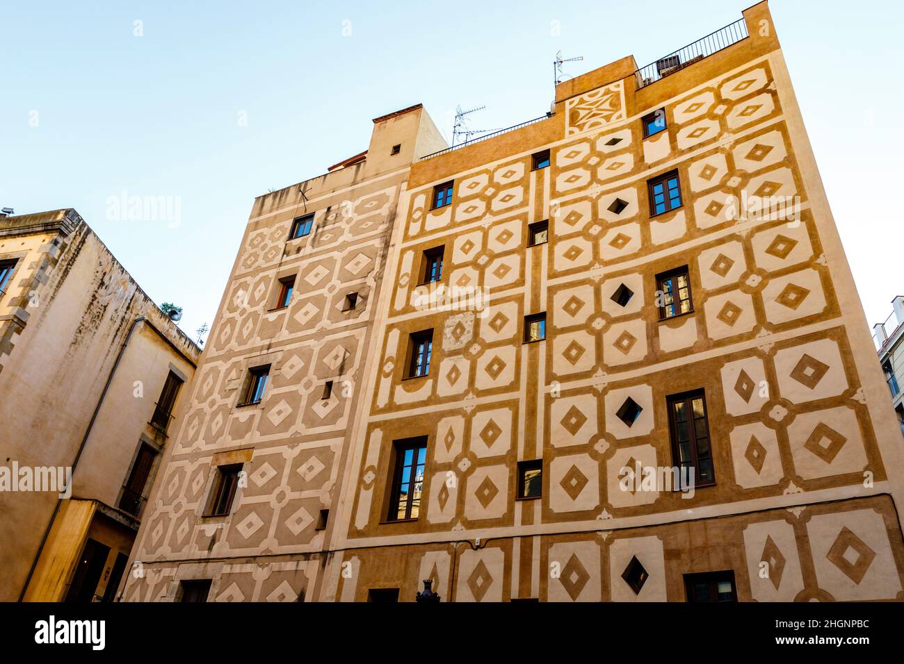 Ornate facade of old Medieval houses in El Borne, Barcelona, Catalonia ...