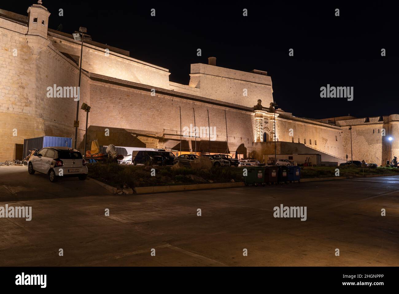 Fort St. Angelo wall with the main gate illuminated at night ...