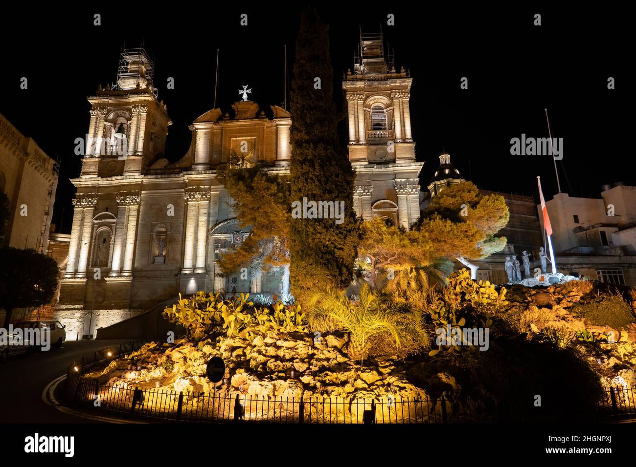 St. Lawrence Church illuminated at night in city of Birgu, Malta ...