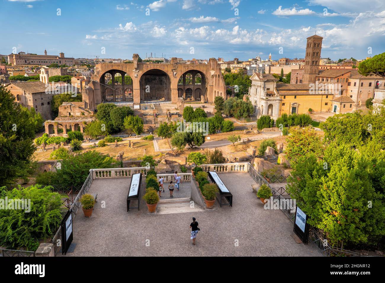 Rome, Italy, Roman Forum at sunset and terrace below Gardens of Farnese ...