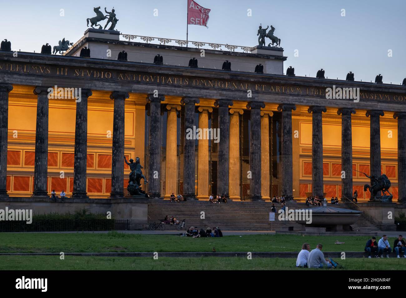Berlin, Germany, Altes Museum (Old Museum) building illuminated at dusk ...
