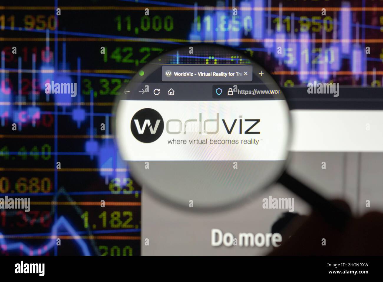 Worldviz company logo on a website with blurry stock market developments in the background, seen ...
