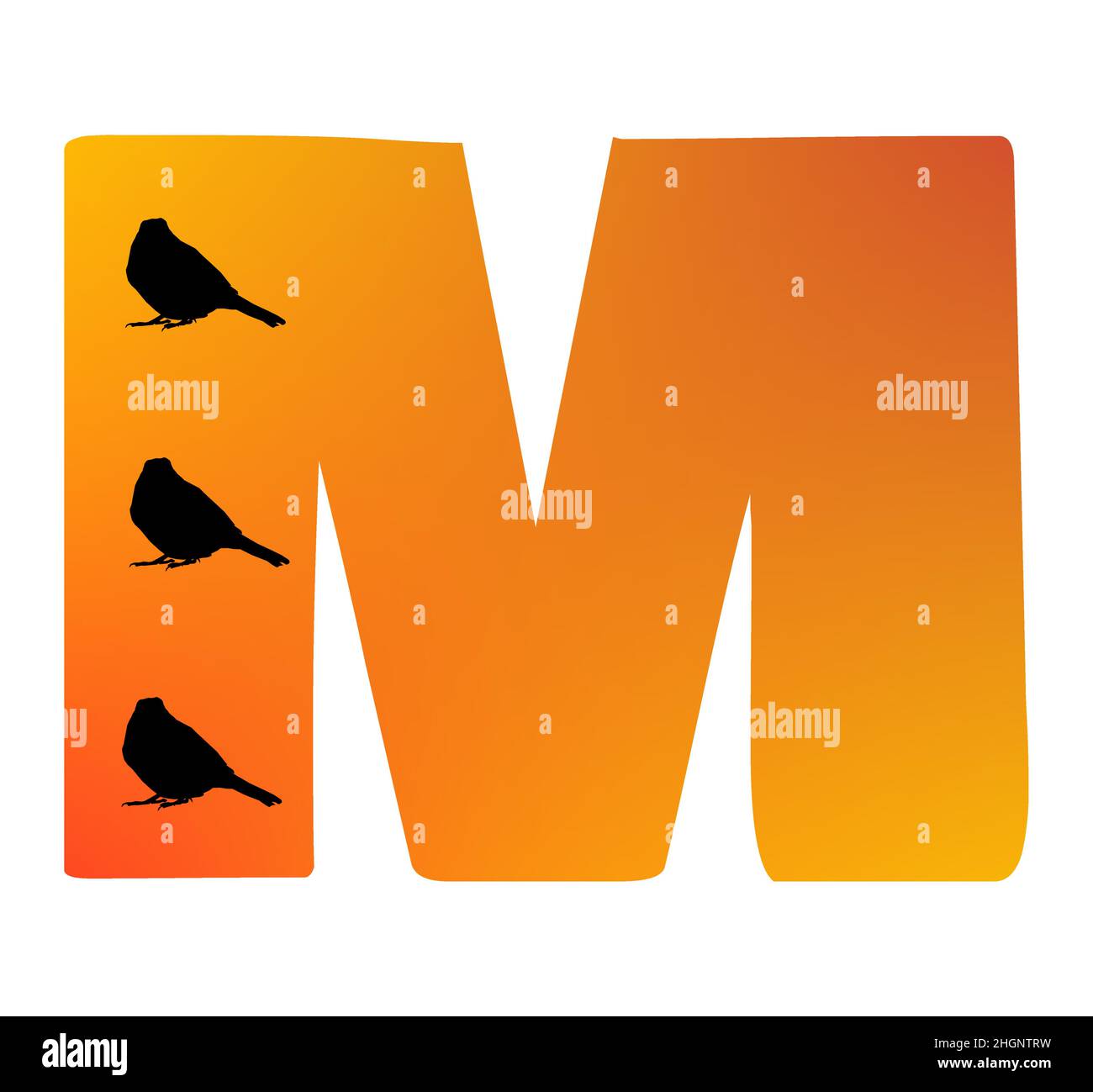 Letter M of the alphabet made with color orange and three silhouette of ...