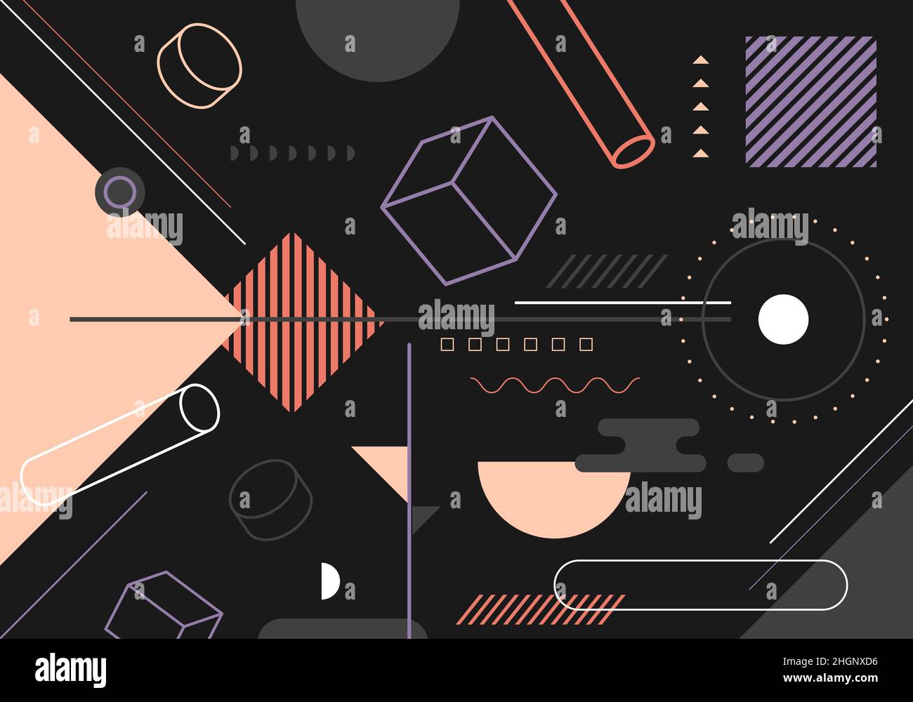 Abstract trendy elements simple 3D geometric forms pattern on black ...