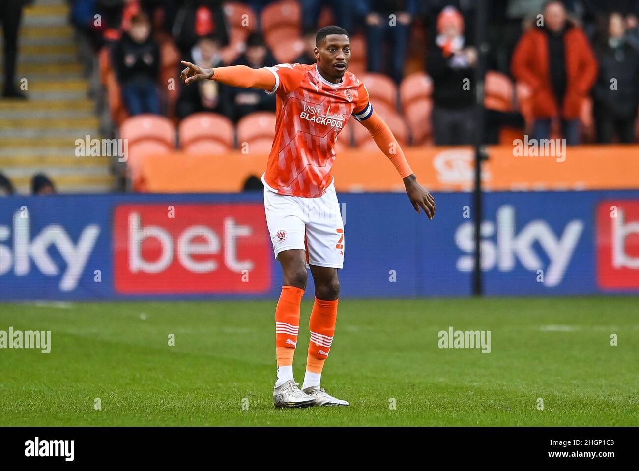 Blackpool, UK. 22nd Jan, 2022. Marvin Ekpiteta #21 of Blackpool gives ...