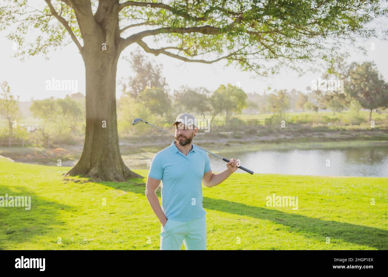 Golfer playing golf in the evening golf course. Man playing golf on a ...