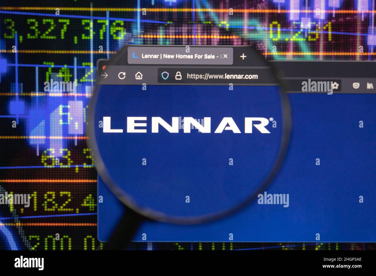 Lennar company logo on a website with blurry stock market developments ...