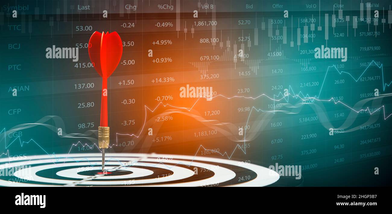 Bullseye dart arrow and line of Stock market or forex trading graph and ...