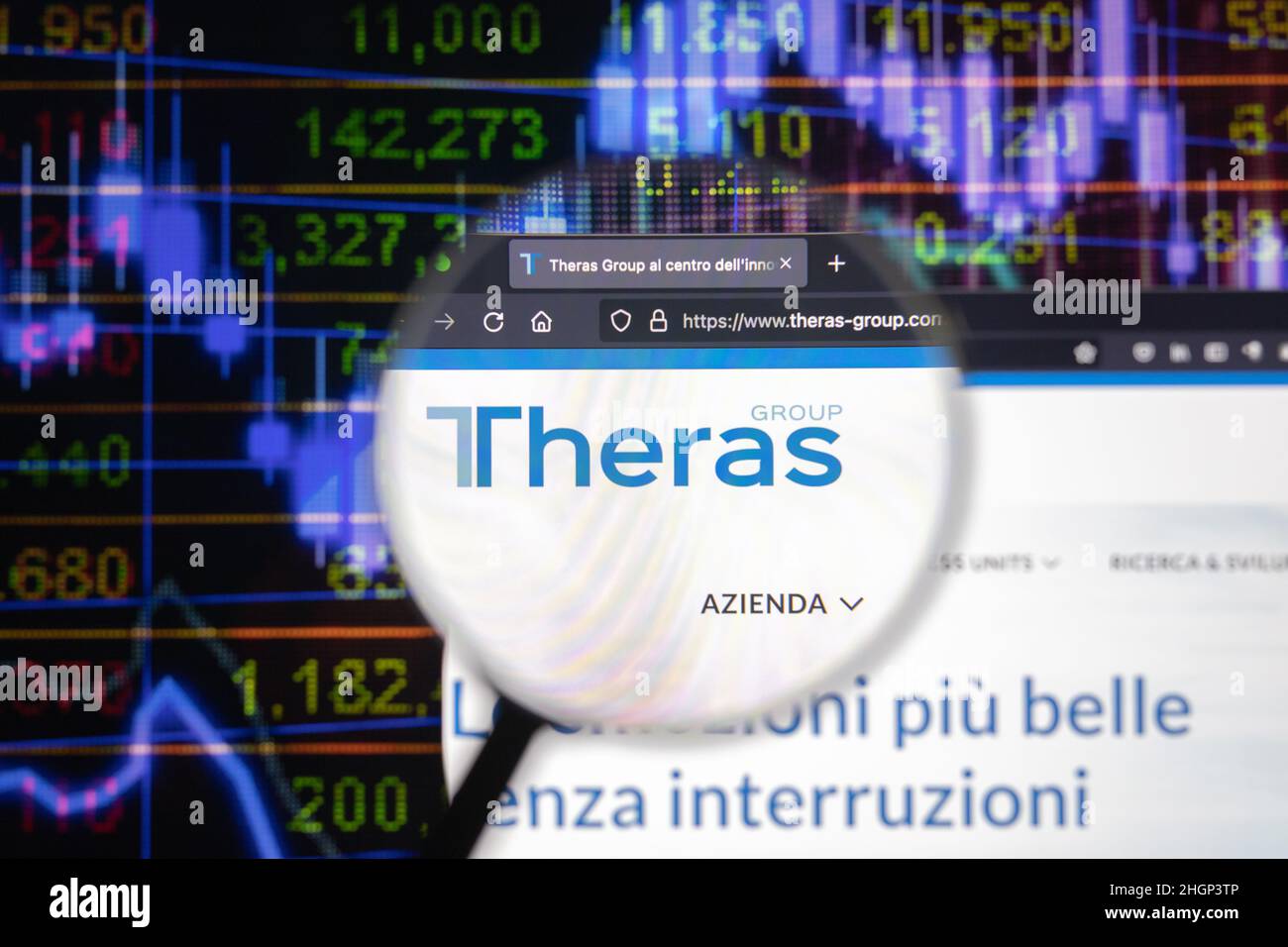 Theras company logo on a website with blurry stock market developments in the background, seen ...