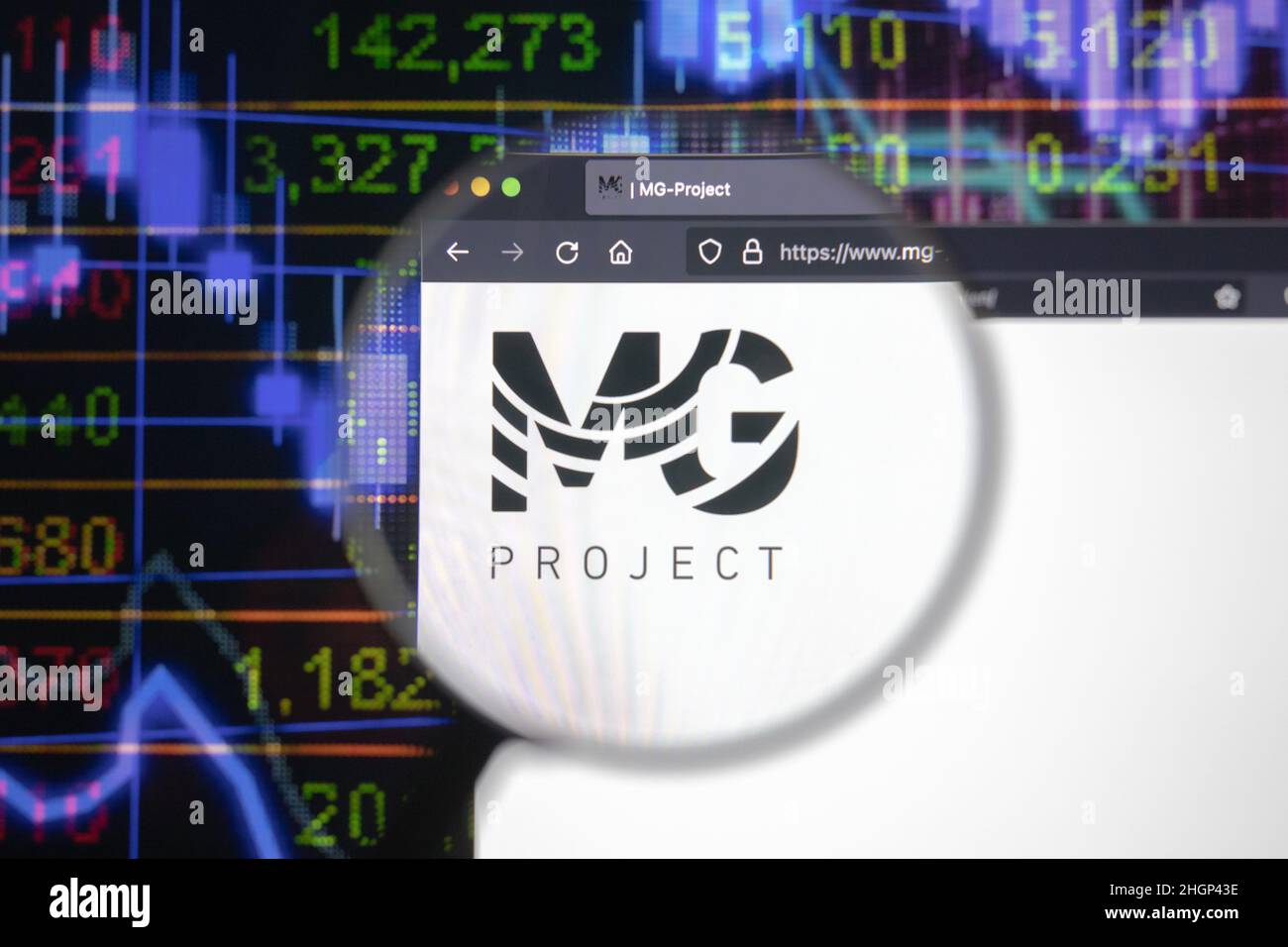 MG Project company logo on a website with blurry stock market developments in the background ...