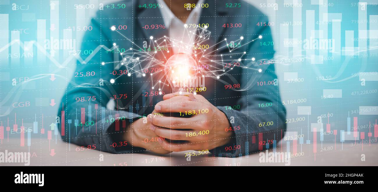 Creativity and innovation, Businessman hand hold light bulb with icons ...