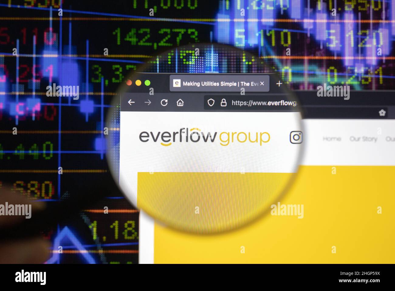 Everflow group company logo on a website with blurry stock market developments in the background ...