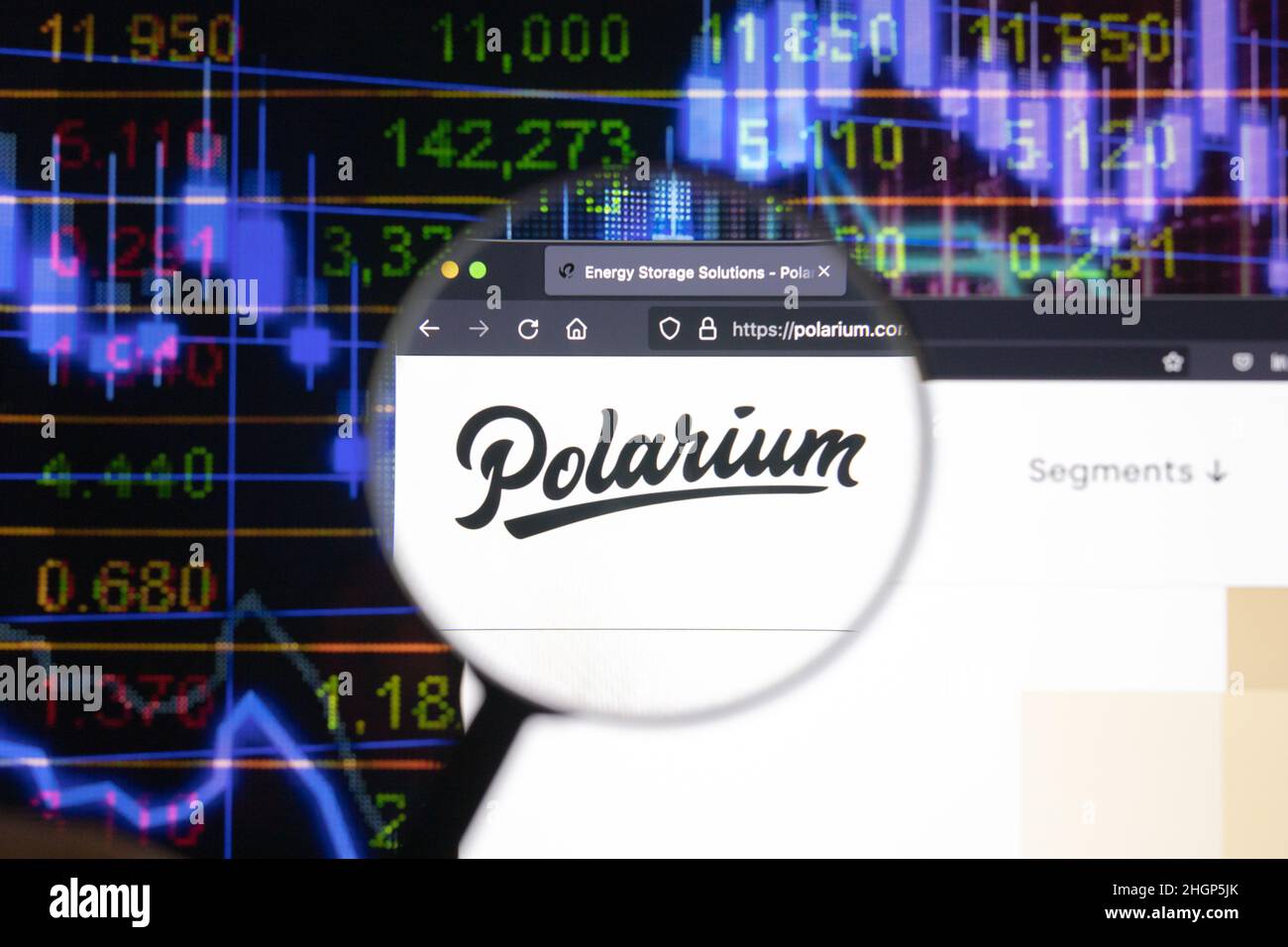 Polarium company logo on a website with blurry stock market developments in the background, seen ...