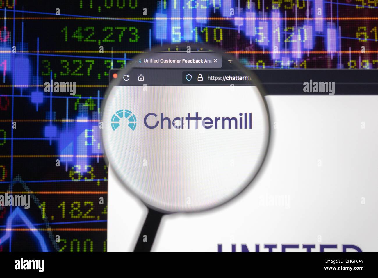 Chattermill company logo on a website with blurry stock market developments in the background ...