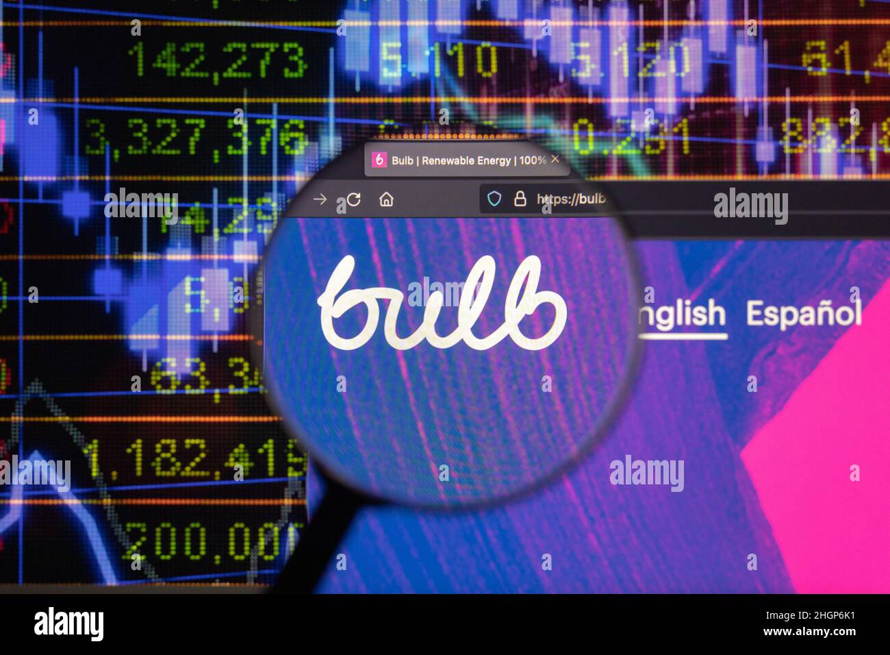 Bulb company logo on a website with blurry stock market developments in the background, seen on ...