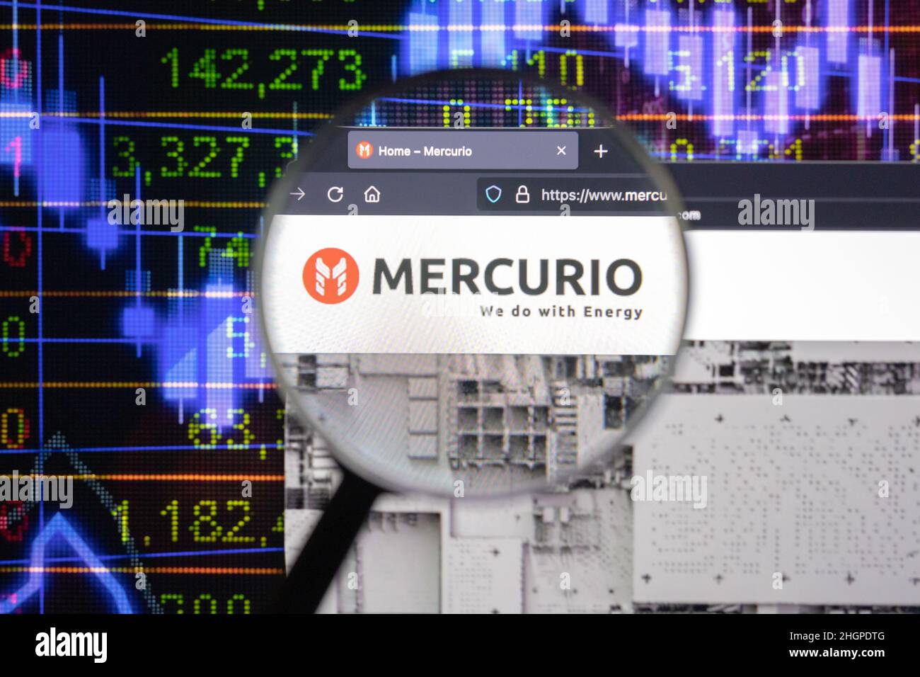 Mercurio company logo on a website with blurry stock market developments in the background, seen ...