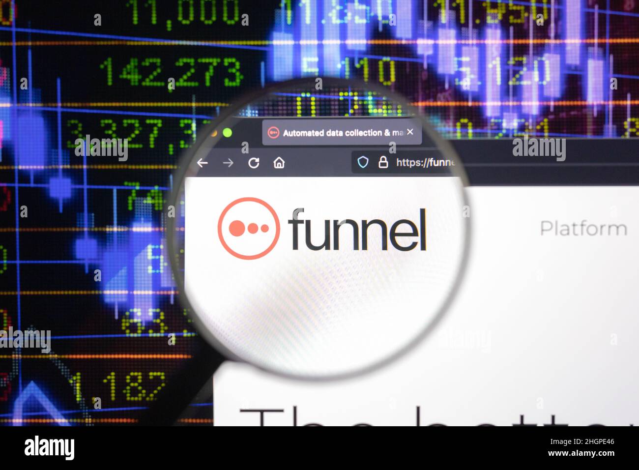 Funnel company logo on a website with blurry stock market developments ...