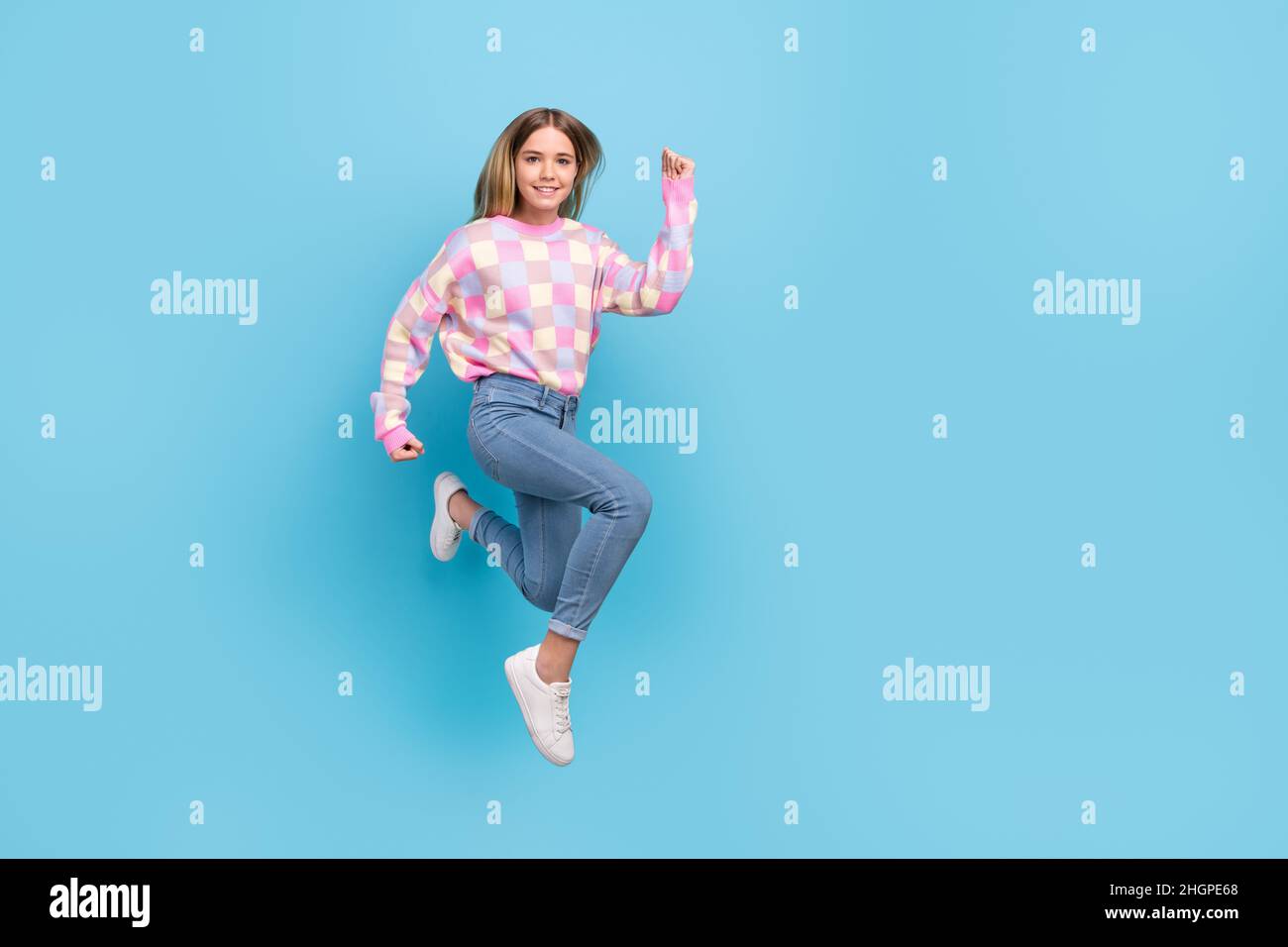 Full length body size view of attractive girly cheerful girl jumping ...