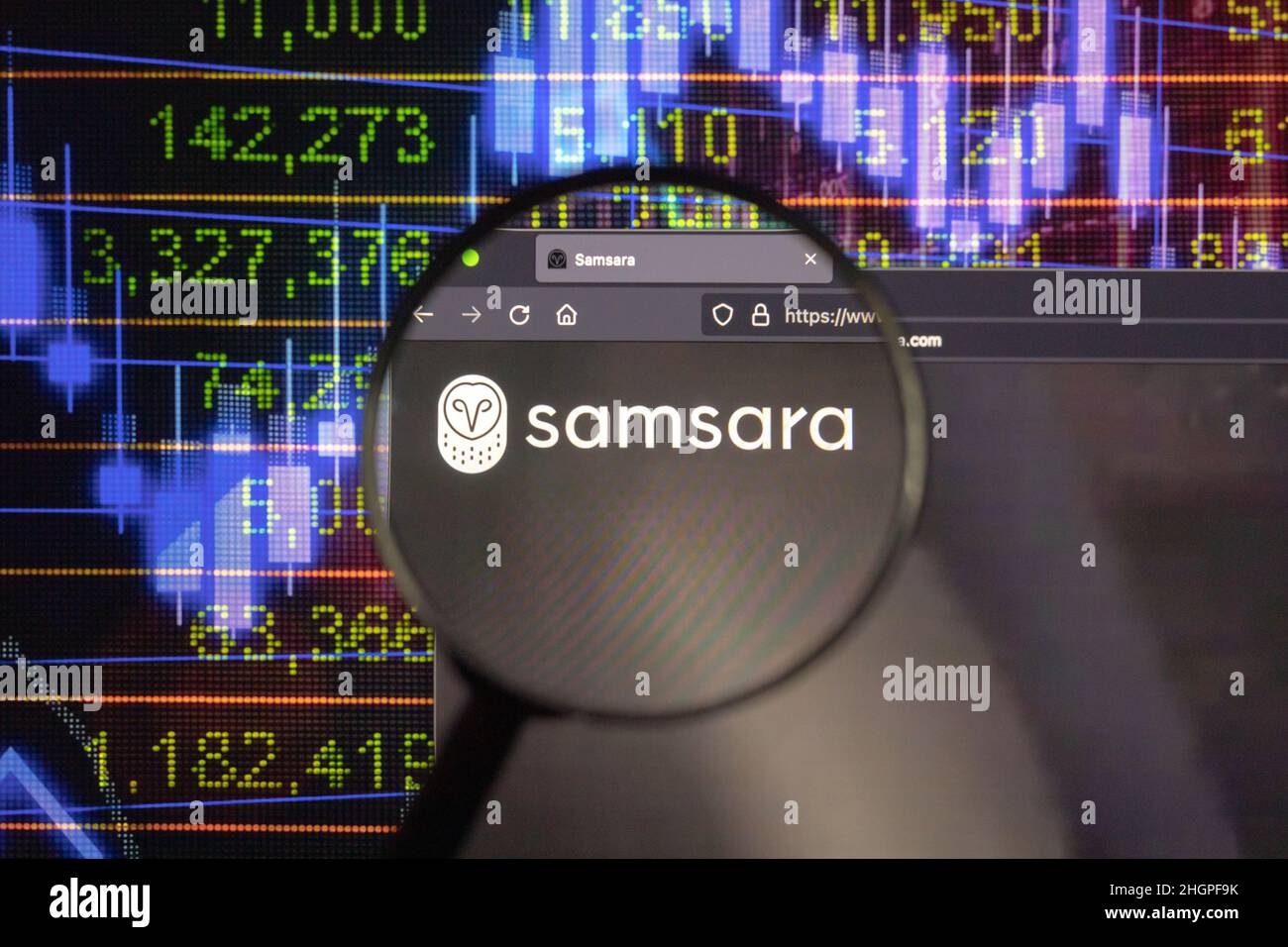 Samsara company logo on a website with blurry stock market developments ...