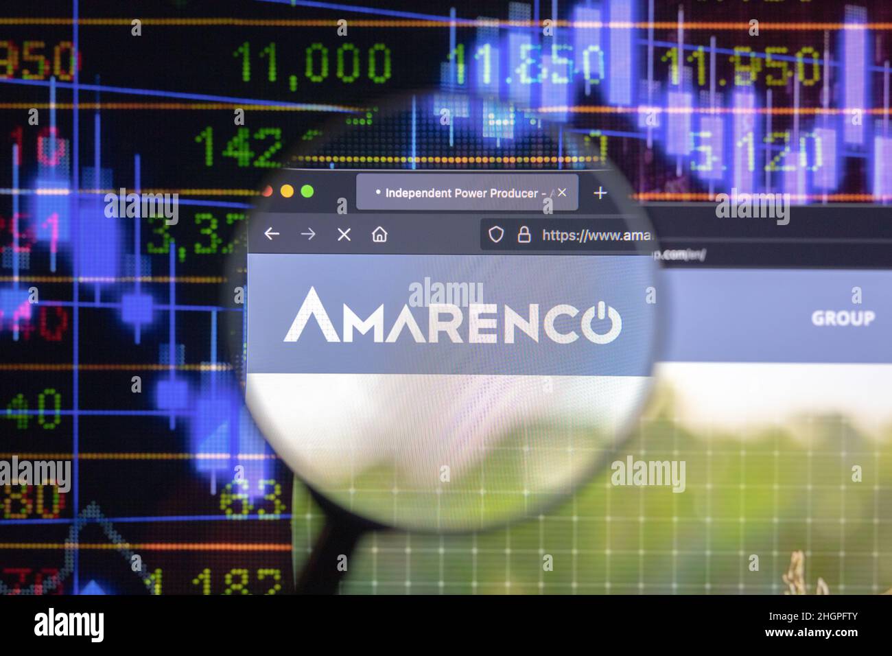 Amarenco company logo on a website with blurry stock market developments in the background, seen ...