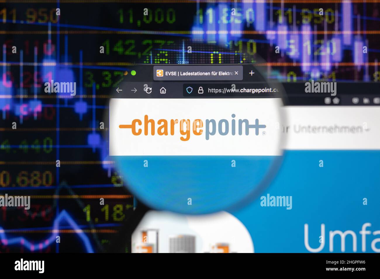 Chargepoint company logo on a website with blurry stock market ...