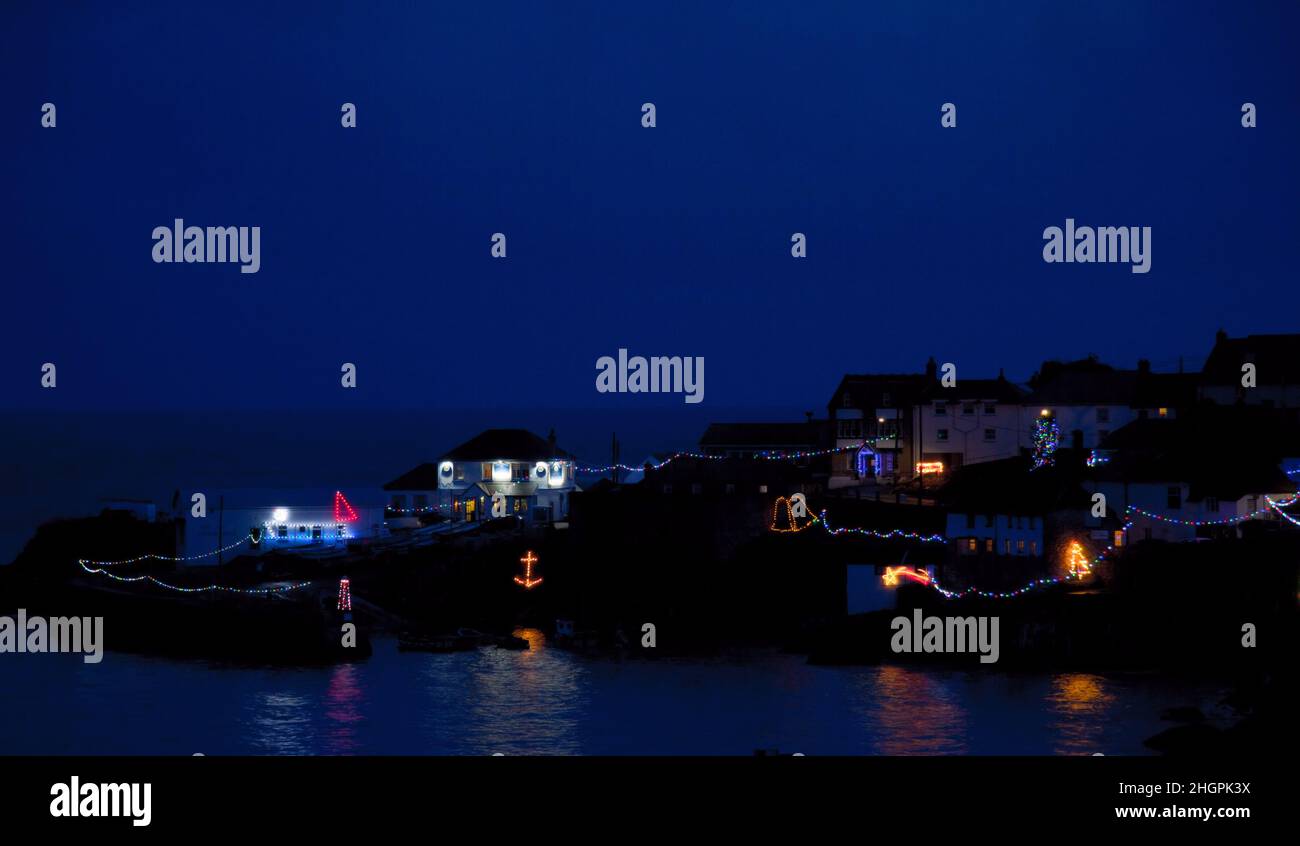 The Coverack annual Christmas lights. Cornish fishing village Stock ...