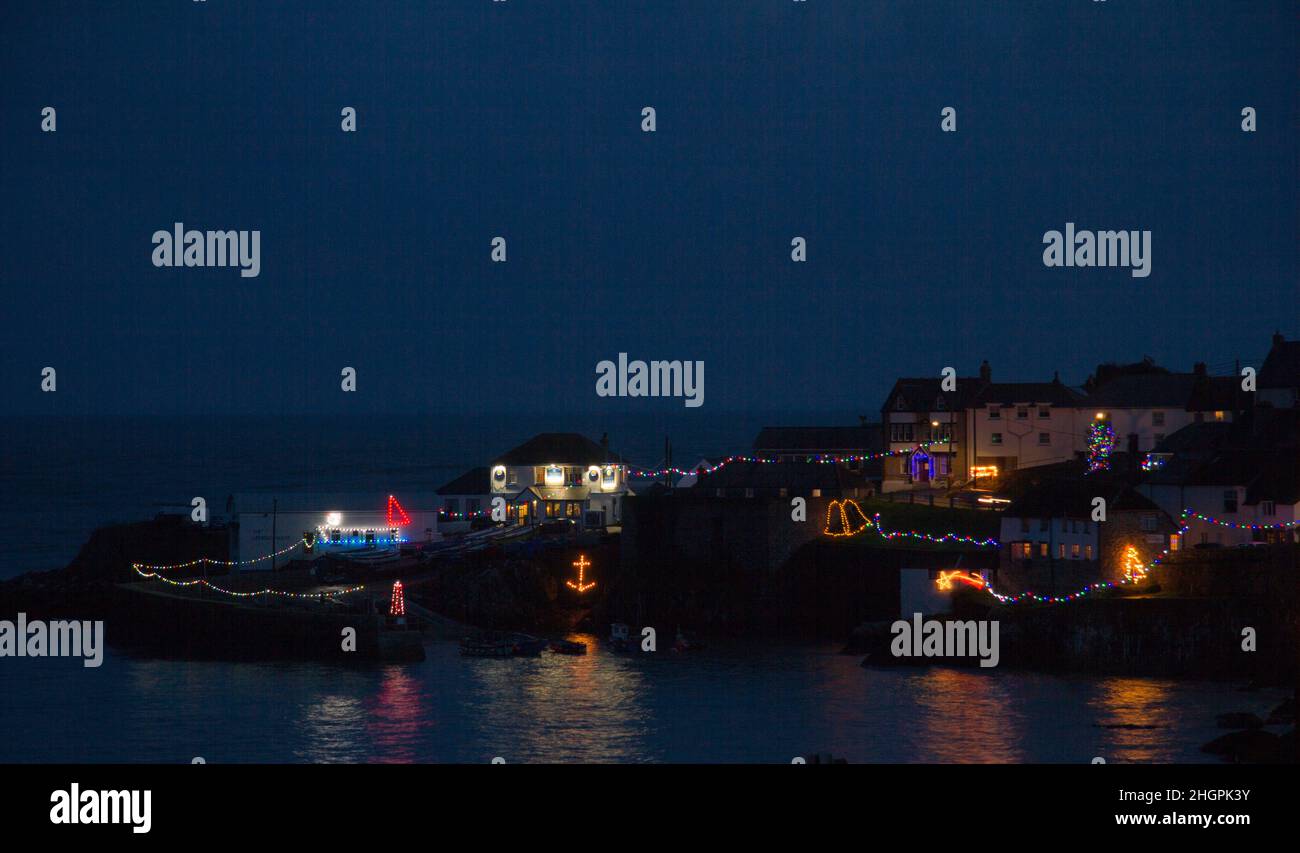 The Coverack annual Christmas lights. Cornish fishing village Stock ...