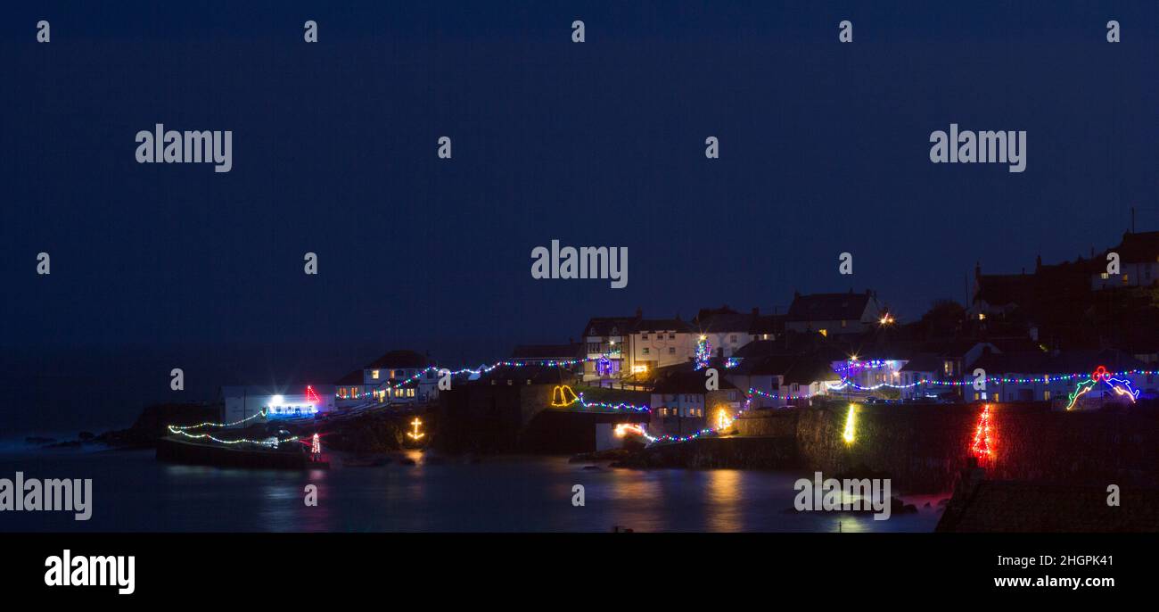 The Coverack annual Christmas lights. Cornish fishing village. Goveryk ...