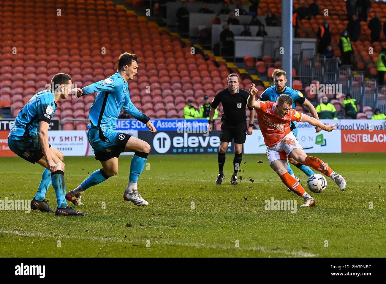 Shayne Lavery #19 of Blackpool scores to make it 1-0 Stock Photo - Alamy