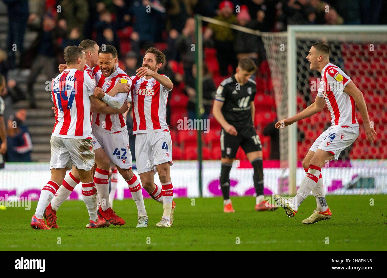 Stoke City's Lewis Baker celebrates scoring against Fulham during the ...