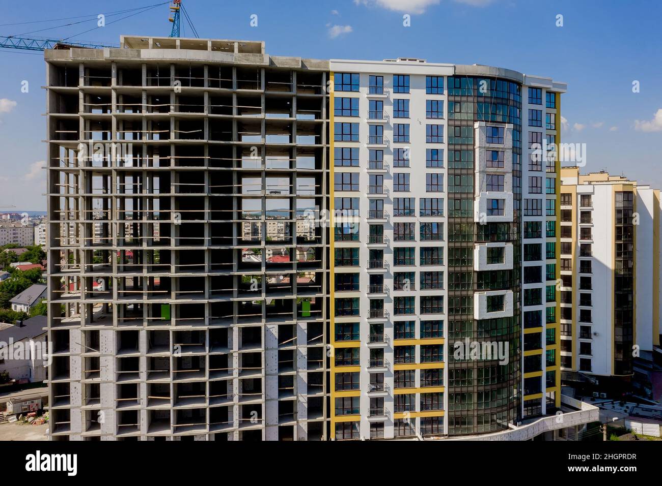 Aerial view of high residential apartment building under construction ...