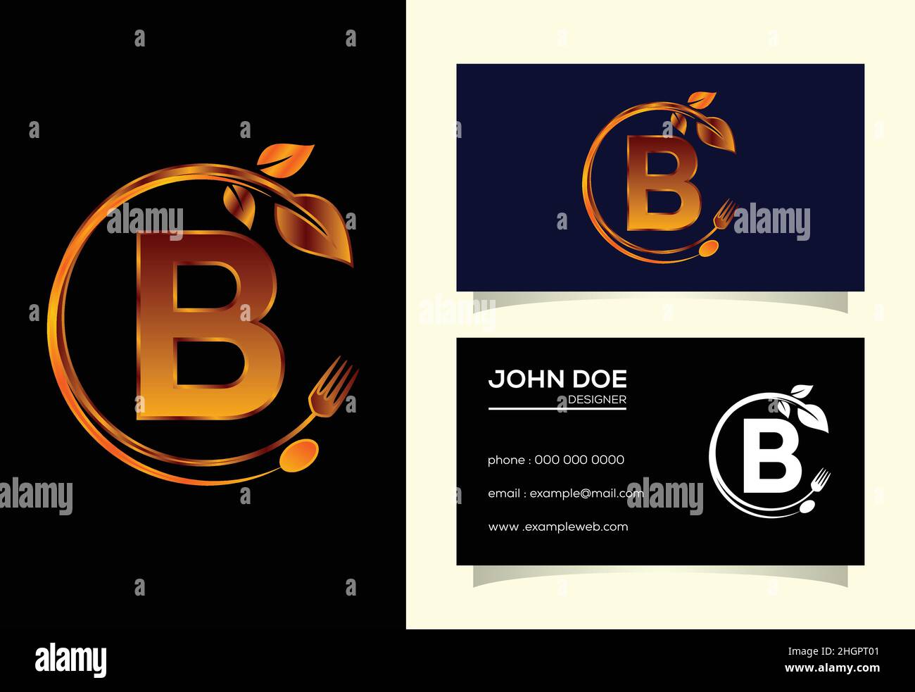 Initial B monogram alphabet with a fork, spoon, and leaf. Healthy ...