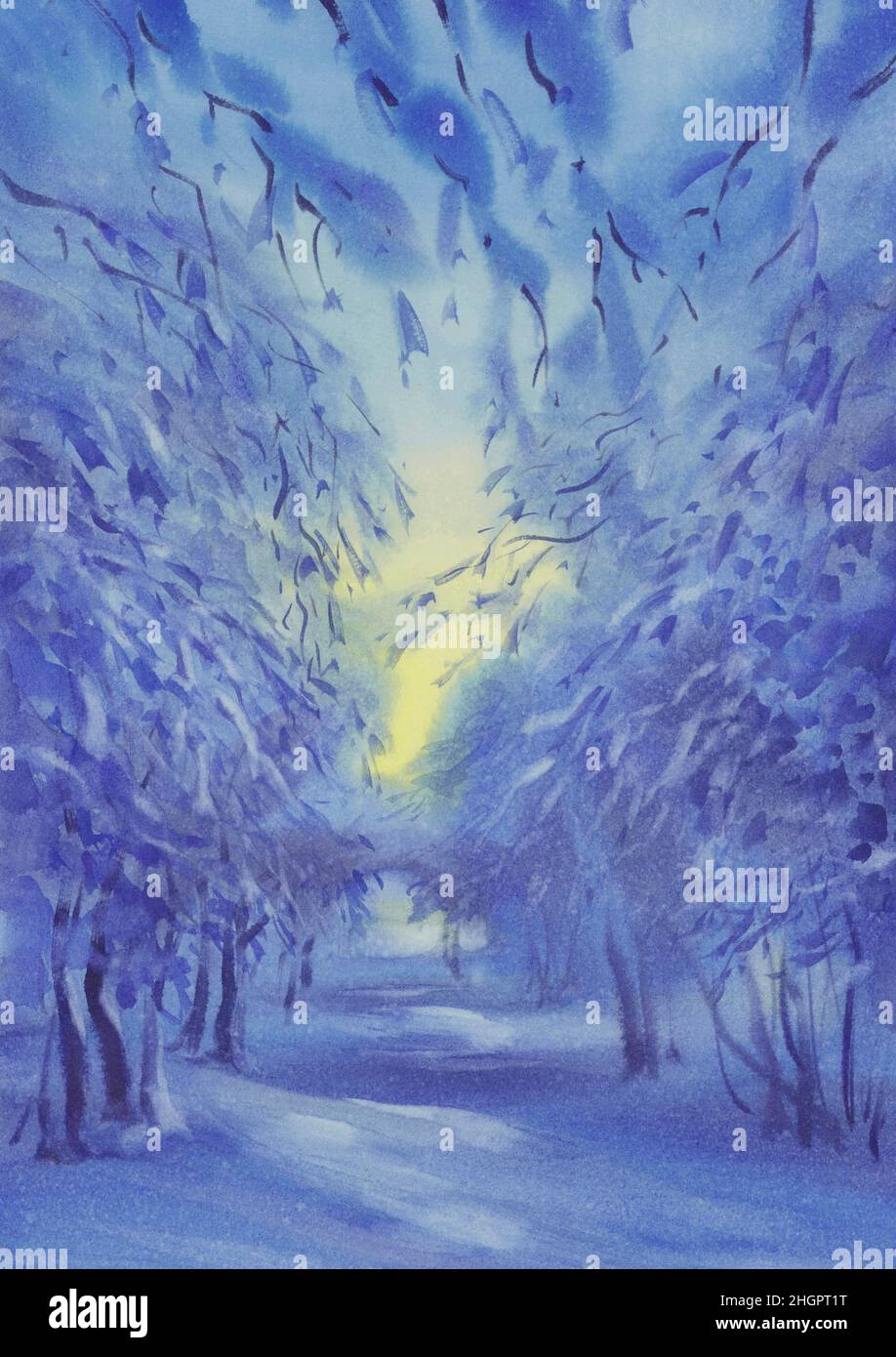 Forest trees in blue twilight watercolor background Stock Photo - Alamy