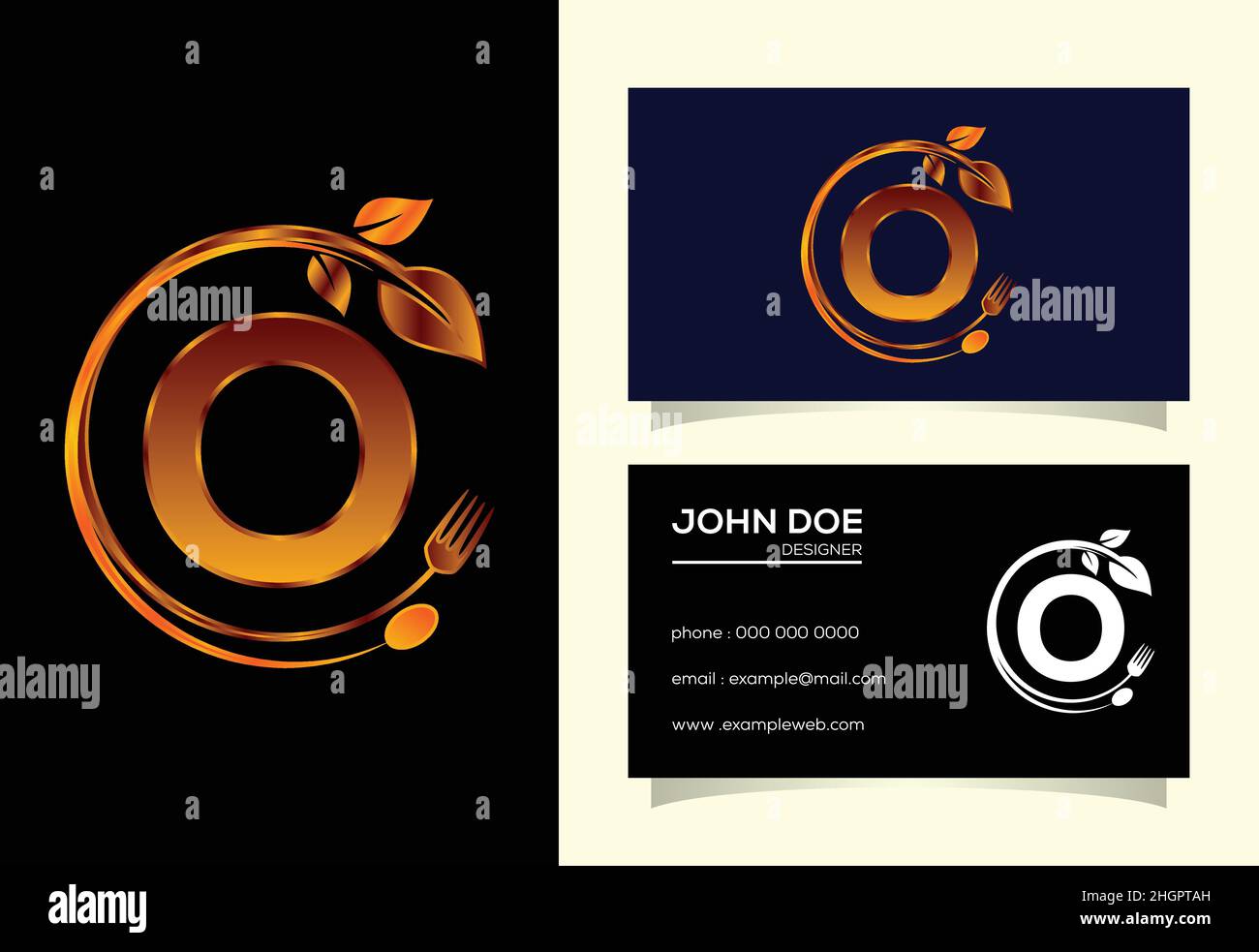 Initial O monogram alphabet with a fork, spoon, and leaf. Healthy ...