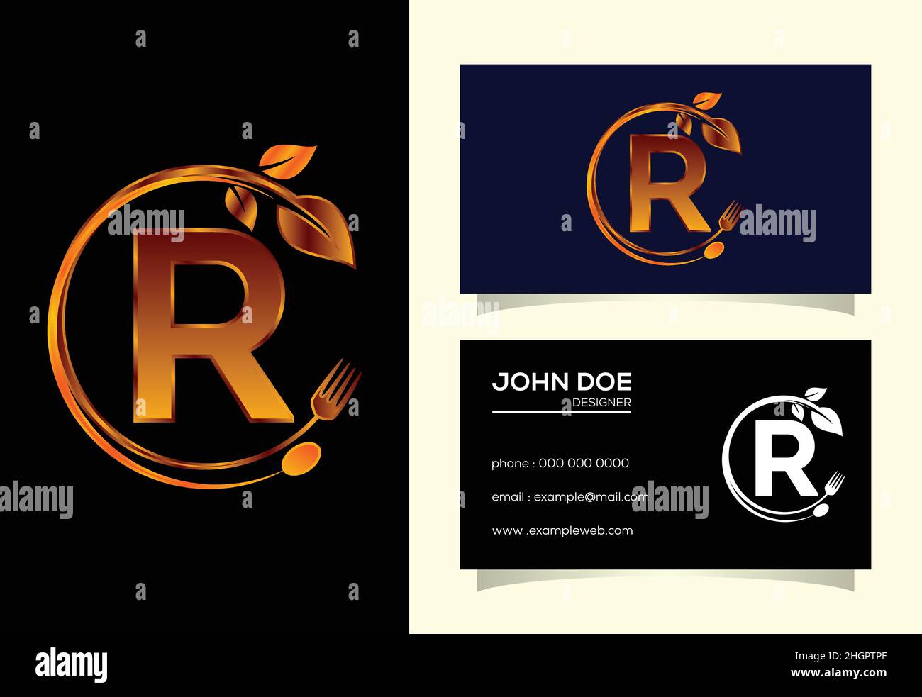 Initial R monogram alphabet with a fork, spoon, and leaf. Healthy ...